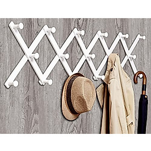 Amber Home Wood Accordion Wall Rack 17 Hooks (Pegs), Expandable Wall Mounted Hanger for Coat, Hat, Scarf, Coffee Mugs, X Shape Coat Hooks (White Color)