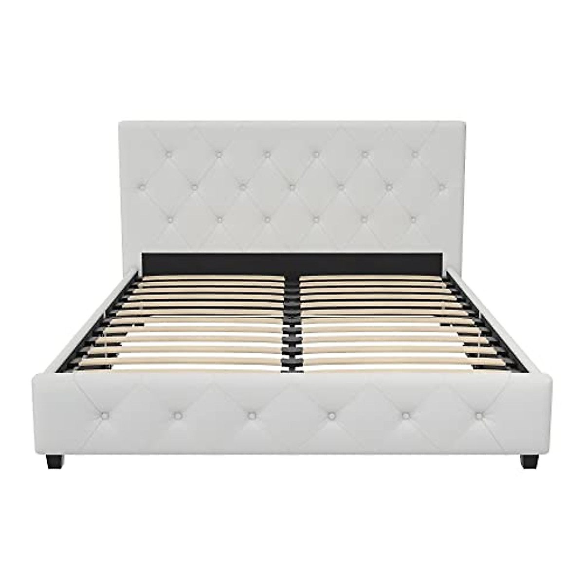 DHP Dakota Upholstered Platform Bed with Diamond Button Tufted Headboard and Footboard, No Box Spring Needed, Full, White Faux Leather
