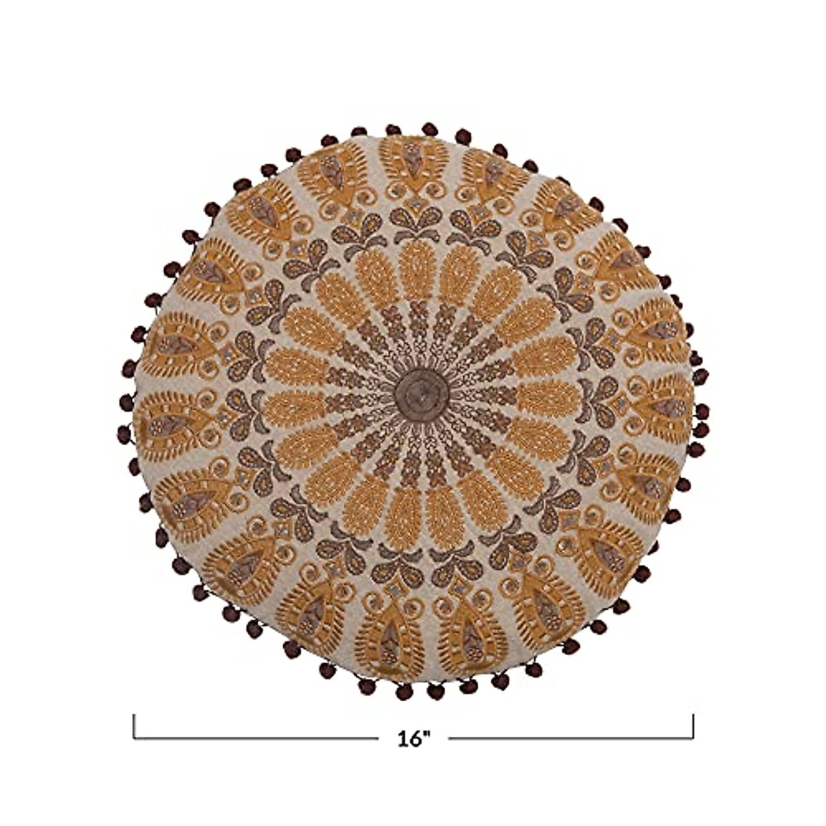 Creative Co-Op 16" Round Cotton Embroidered Pom Trim Pillow, Grey & Brown