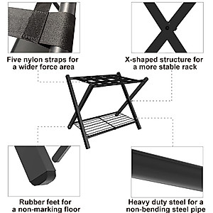 Fandature Folding Luggage Rack for Guest Room, Metal Foldable Suitcase Stand Holder with Metal Shelf for Bedroom, Black, 1 pack