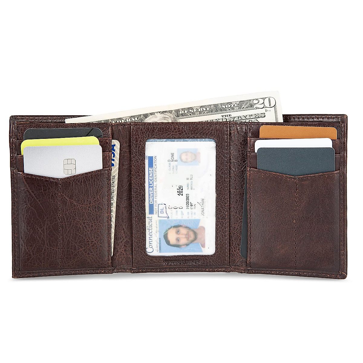 Eddie Bauer Men Signature Trifold Wallet, Leather Logo-Brown, One Size