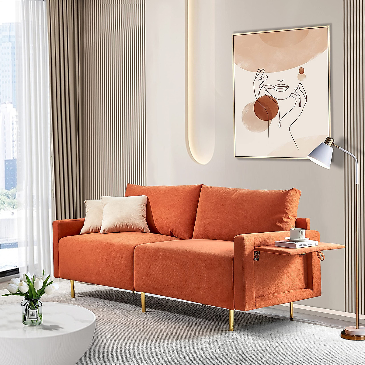 VASOENY 72.8 Inch Loveseat Sofa Couch, Mid Century Modern Linen Fabric Love Seats Sofa, 2 Seater Couches for Bedroon, Living Room, Apartment, Home Office(Orange)