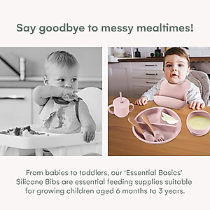Childlike Behavior Baby Led Weaning Set 6 - Silicone Baby Feeding Set - Pastel Pink Self Feeding Baby Wooden Fork and Spoon, Plates, Bibs - Easy to Grip - Eating Learning Essentials