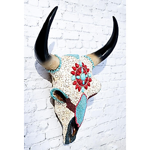 Ebros Gift 16.5" High Large Western Southwest Steer Bison Buffalo Bull Cow Skull Head with Mosaic Turquoise and Red Aztec Sun Teardrop Gems Design Wall Mount Decor Native Indian Accent Skulls