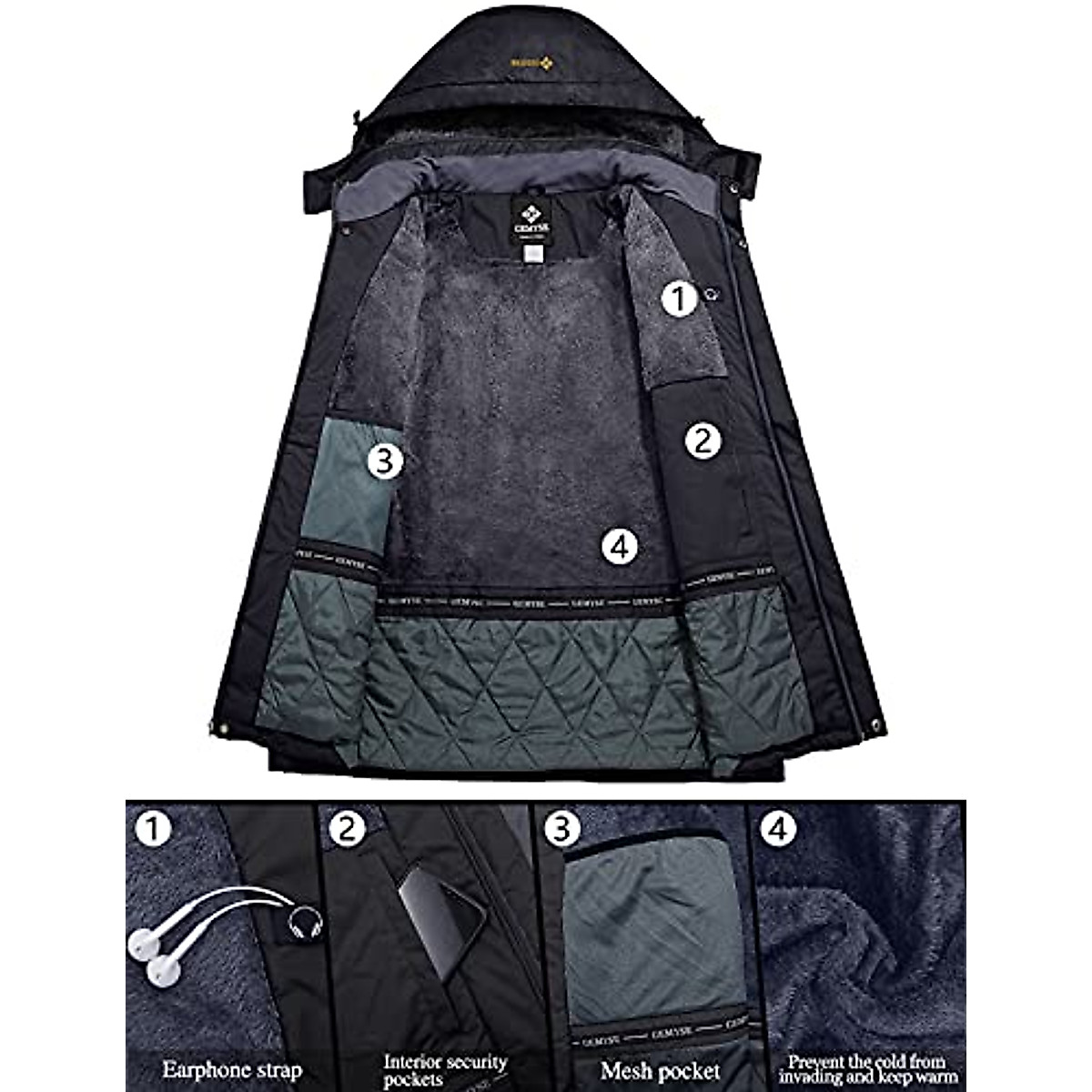 GEMYSE Men's Mountain Waterproof Ski Snow Jacket Winter Windproof Rain Jacket (Black,Small)