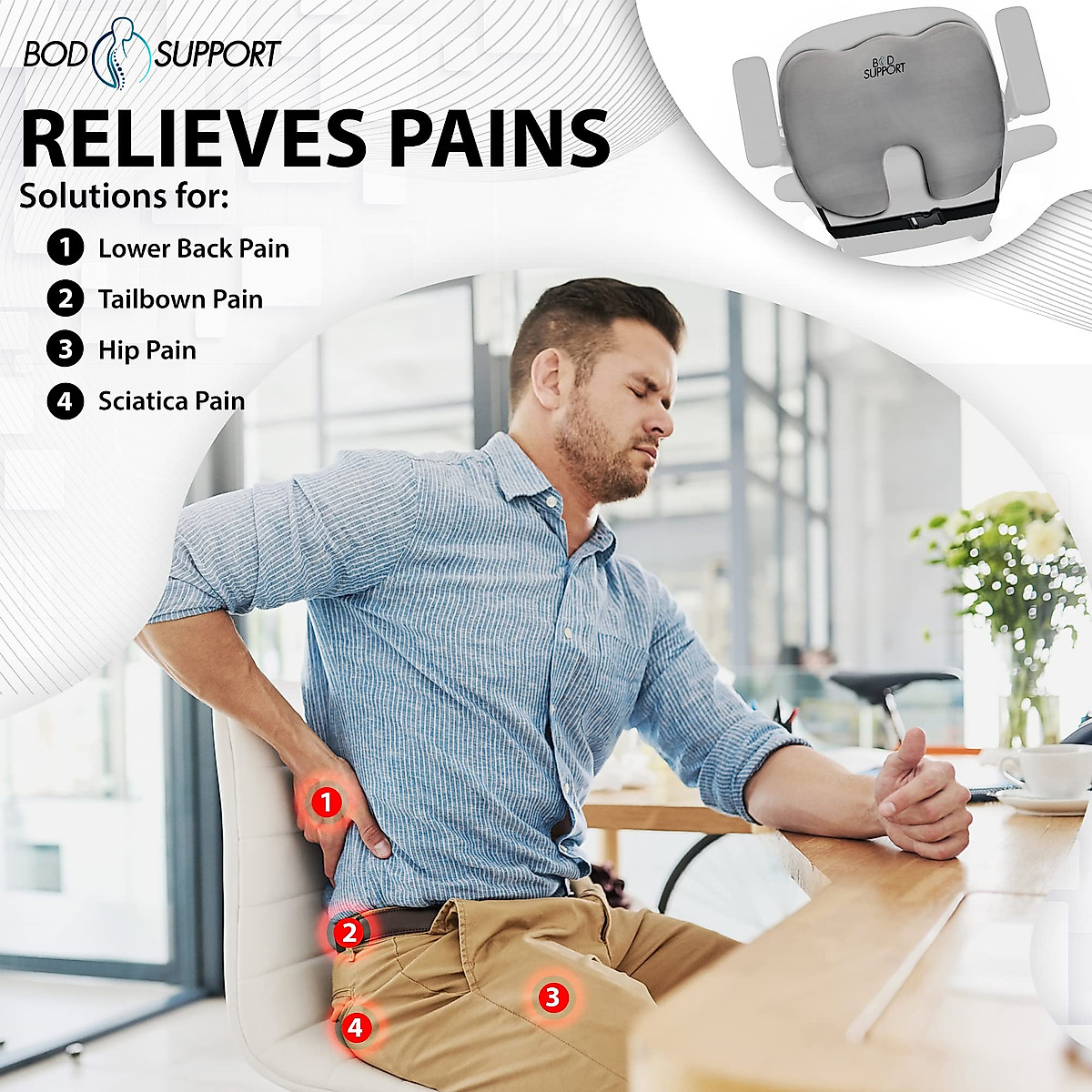 BOD SUPPORT Seat Cushion with Straps - Seat Cushions for Office Chairs, Car Seat Cushion for Tailbone Pain Relief Cushion Design to Relieve Sciatica Coccyx Design from Prolonged Sitting (Grey)