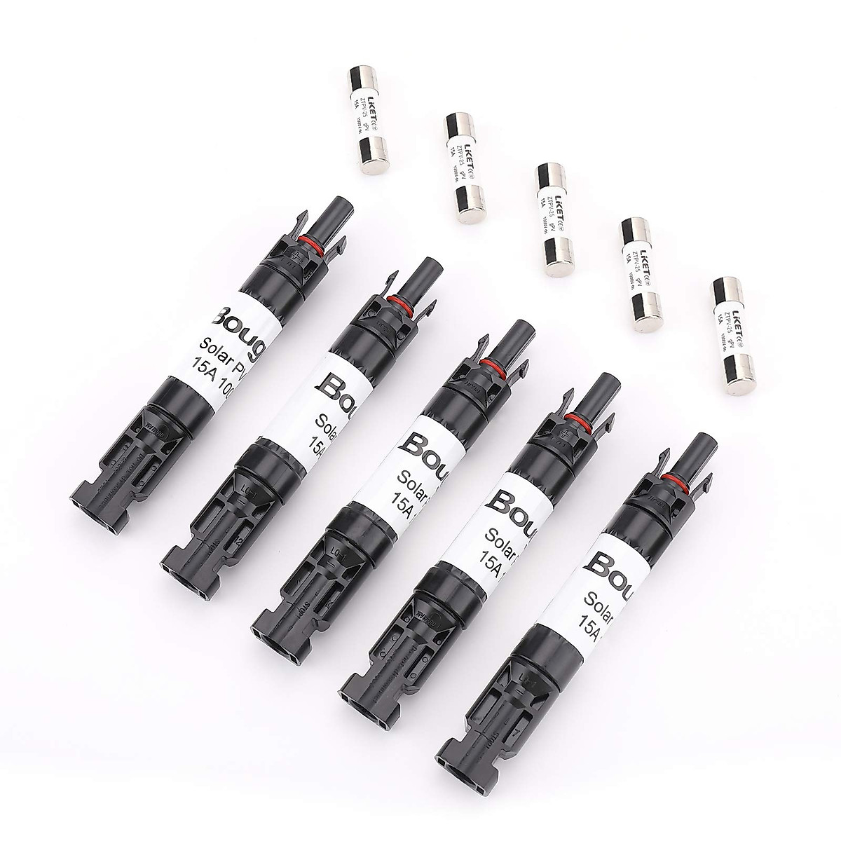 BougeRV 5PCS 15A Solar Fuses Holder Inline, 5PCS PV Inline Fuse Holders 15 Amp for Solar Panel and Solar Controller, Waterproof Solar Fuse Connector, Solar Surge Protection Device