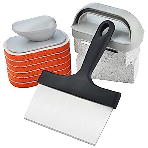 Griddle Cleaning Kit for Blackstone- Heavy-Duty Metal Scraper, 2 Grill Cleaning Blocks, and 6 Scouring Pads with Holder - Ultimate Flatop Maintenance Set