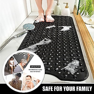 Large Non Slip Bathtub Mat, Extra Long Bath Mat for Tub, 40 x 16 Inch, Machine Washable Shower Mats with Suction Cups and Drain Holes, Bath Tub Mats for Bathroom Non Slip, Black