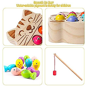 enlitoys Wooden Fishing Game Montessori Toys for Toddlers Magnetic Cat-Shape Fishing Toy Fine Motor Skill Learning with Fishing Pole Fishes Preschool Gifts for Kids Children