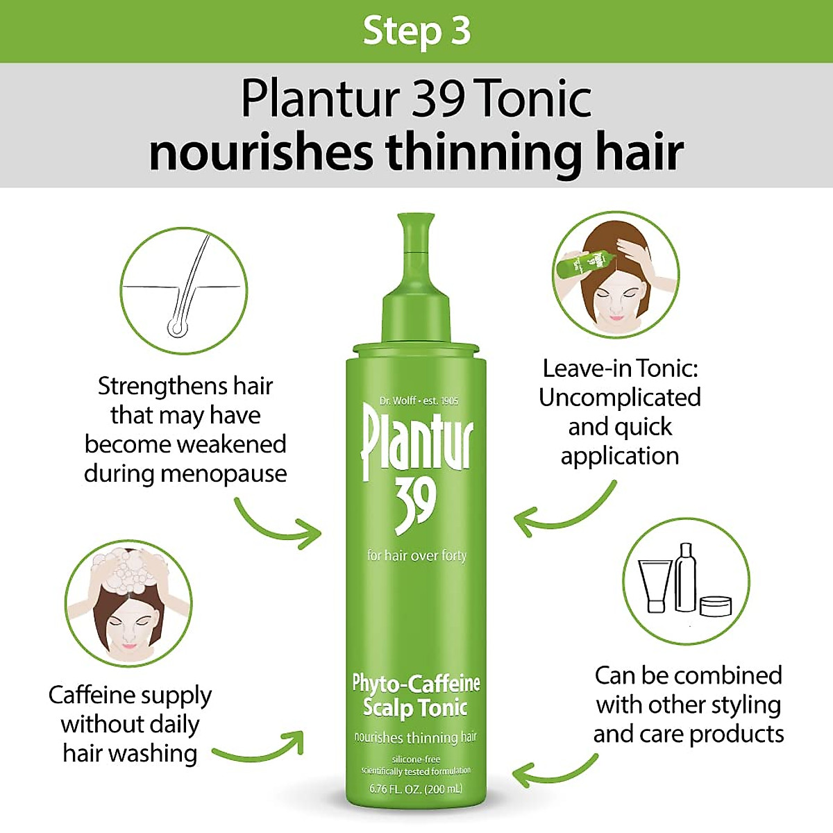 Plantur 39 Phyto Caffeine Women's 3 Step System for Fine, Thinning Natural Hair Growth - Shampoo, Conditioner, Tonic