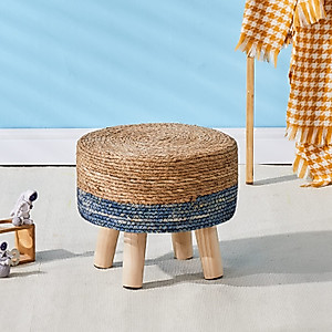 Cpintltr Foot Stool Natural Seagrass Hand Weave Poufs Round Ottoman for Couch Desk Soft Step Stool Padded Foot Rest with Non-Skid Pine Legs for Hallway Office Lounge Natural/Blue