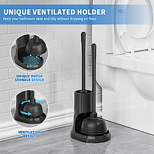 uptronic Toilet Plunger and Brush, Bowl Brush and Heavy Duty Toilet Plunger Set with Holder, 2-in-1 Bathroom Cleaning Combo with Modern Caddy Stand (Black, 2 Set)