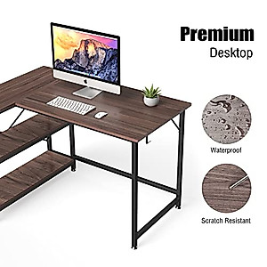 SunyesYo L Shaped Computer Desk 47 in - Small Office Home Gaming Desk with Storage Shelves - Study Writing Corner Table, Reversible Sturdy Workstation, Work PC Desk, Brown