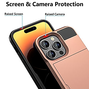 Vofolen for iPhone 14 Pro Case Wallet Credit Card Holder ID Slot Sliding Door Hidden Pocket Men Women Anti-Scratch Dual Layer Hybrid Bumper Armor Protective Shell Back Cover 6.1 inch Rose Gold