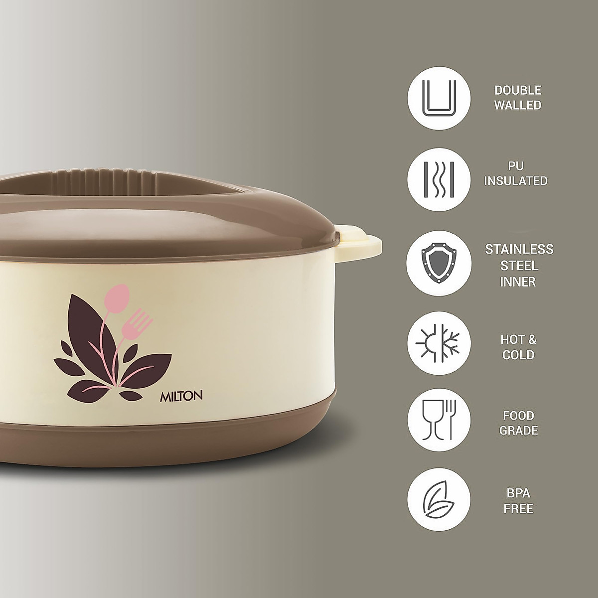 Milton Orchid 3000 Inner Steel Casserole, 2.85 Litres, Light Brown | PU Insulated | BPA free |Odour Proof | Food Grade | Easy to Carry | Easy to Store | Ideal For Chapatti | Roti | Curd Maker