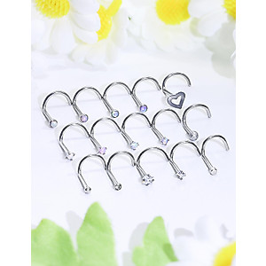 Eakxnig Opal 20G Nose Rings Surgical Steel Nose Studs Top CZ 1.5mm Tiny Nose Studs Screw Nose Ring Stud Heart Nostril Piercing Jewelry for Women Men Corkscrew Nose Rings