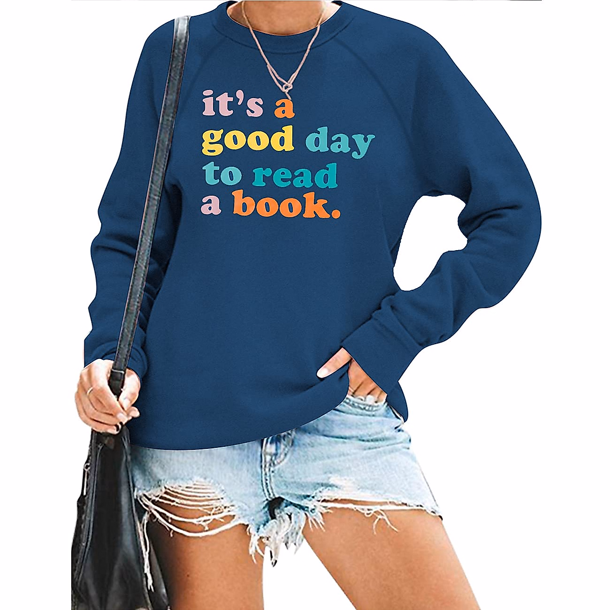 LUKYCILD It’s a Good Day to Read a Book Sweatshirt Women Book Lovers Teacher Shirt Funny Graphic Print Long Sleeve Top Blue