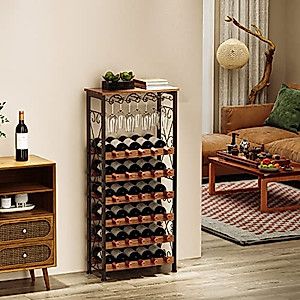 X-cosrack Rustic 30 Bottles Floor Wine Rack Shelf with Wine Glass Holder Rack, Freestanding Wobble-Free 6 Tier Wine Bottle Organizer Display Storage Stand for Kitchen Pantry Patent Pending