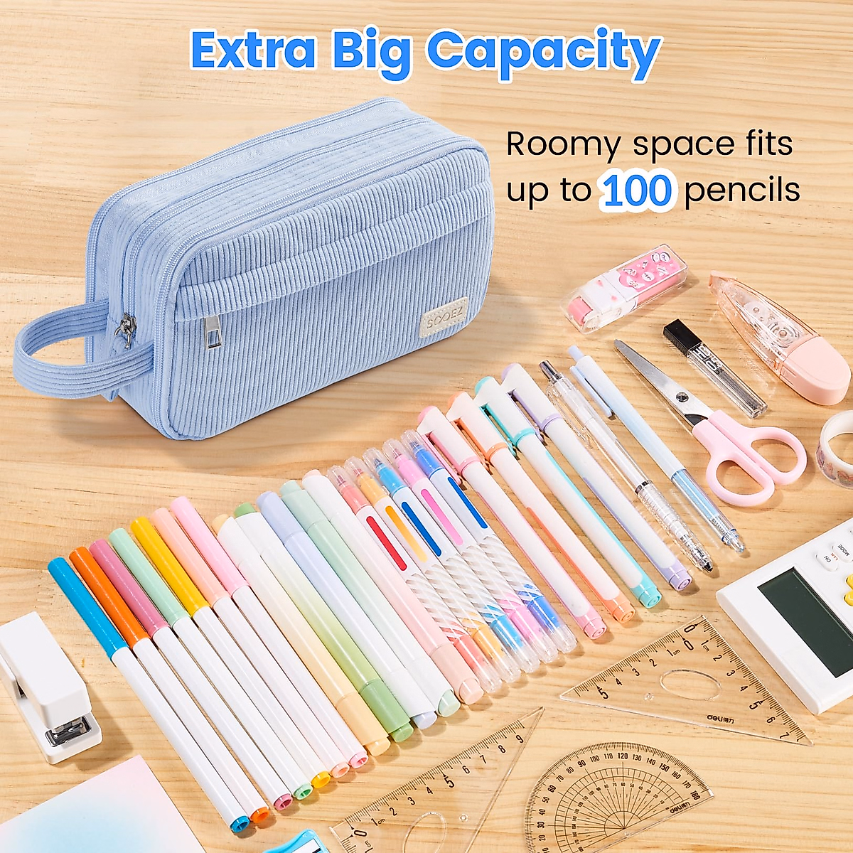 Sooez High Capacity Pencil Case, Soft Corduroy Pencil Pouch with 4 Compartments, Multiple Pockets, Large Pencil Bag with Sturdy Zipper, Cute Pencil Case Pouch Organizer for Student Teen Girls, Blue