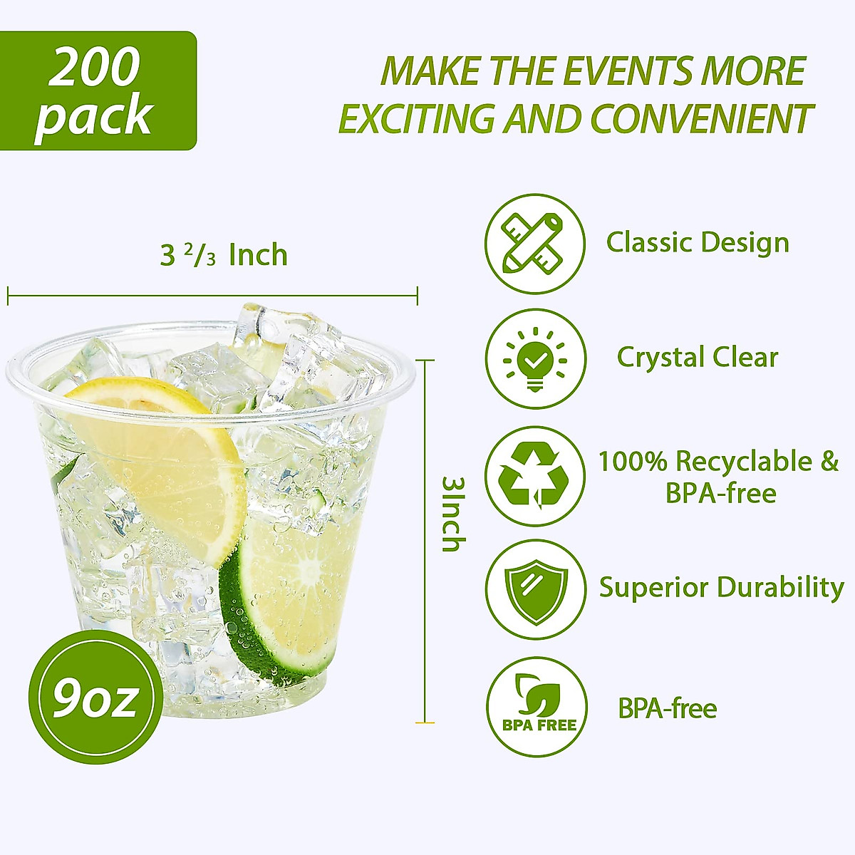 Lilymicky 200 Pack 9 oz Clear Plastic Cups, 9 Ounce Disposable Plastic Drinking Cups, Crystal Clear PET Plastic Cups for Parties, Wedding, Christmas Day