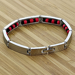 In Season Jewelry Stainless Steel Evil Eye Protection Link Wristband Inside Beaded Elegua Bracelet for Adult Men and Women - Traditional Evil Protection Red and Black Beaded Elegua Bracelet