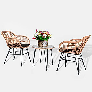 3 Pieces Patio Bistro Set, Patio Conversation Set, Patio Furniture Set, Balcony Furniture, Rattan Chair, Outdoor Rattan Furniture Bistro Set, All Weather Wicker Patio Chairs Set with Table and Cushion