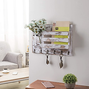 MyGift Whitewashed Wood Wall Mounted Key and Mail Organizer for Wall Rack with 6 Hooks and Decorative Mason Jar Vase