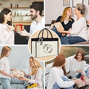 SANDJEST Stainless Steel Tumbler 40oz with Handle Initial P and Canvas Tote Bag