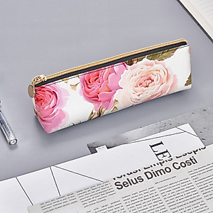 OUZPGAQ Beautiful Pink Roses Pencil Case, White Triangle Portable Pen Bag Pouch with Zipper for Teens Stationary Supplies, Small Cosmetic Bag for Girls, Slim Cash Coin Bag