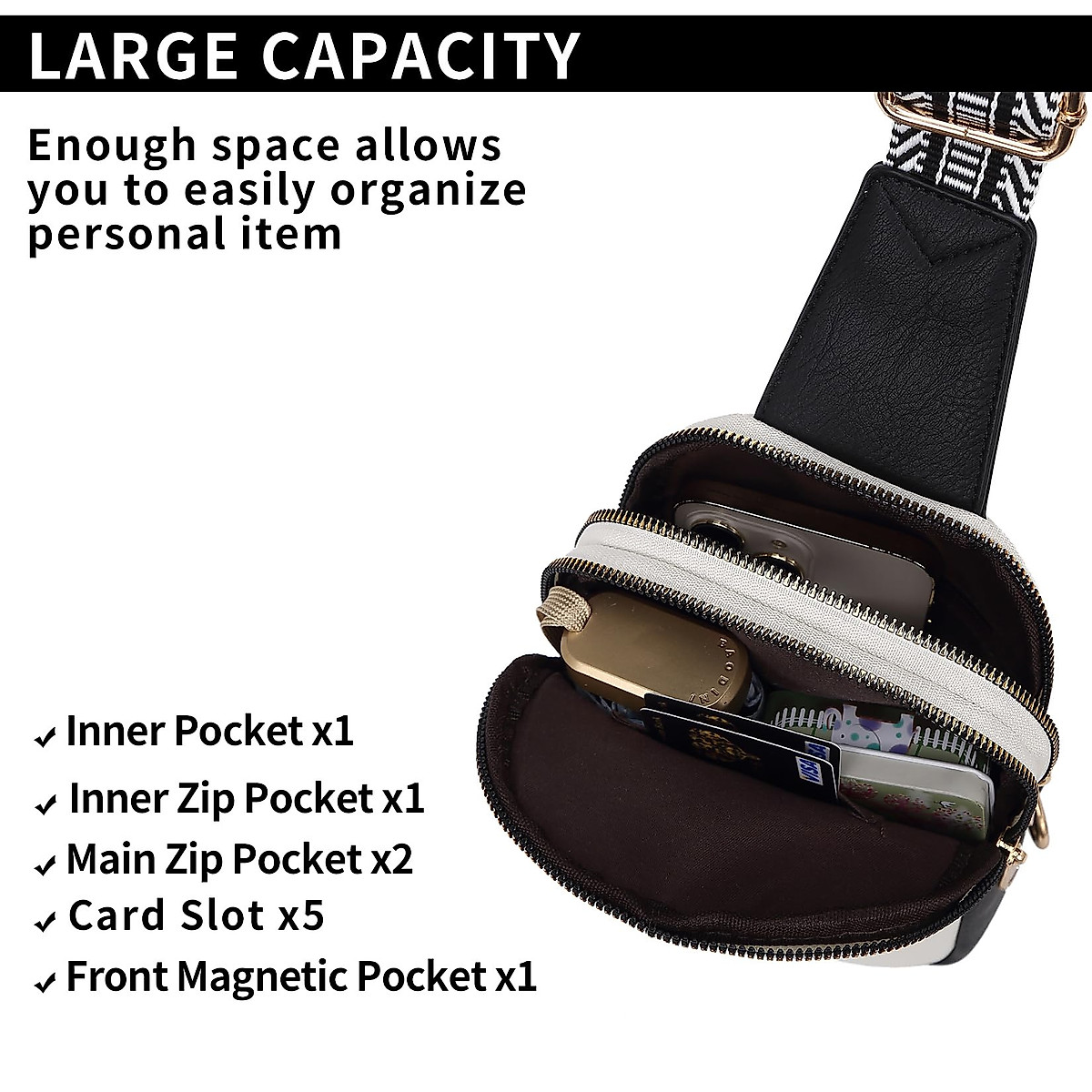 VATAN Small Sling Bag Women's Crossbody Fanny Packs Leather Crossbody Bags for Women (A-Black with White)