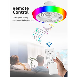 Bluetooth Ceiling Fan with Light and Speaker LED Color Enclosed Bladeless Low Profile Ceiling Fan With Light and Remote Control , Modern White Flush Mount RGB Ceiling Fan for Bedroom Dining Kids Room
