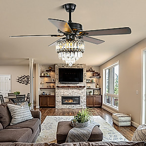 FebFurniture 52" Crystal Ceiling Fan Fandelier with Lights and Remote Control Modern Chandelier Ceiling Fan with Reversible Blades, Silent Motor, 3 Speed, 4 Timing Options, Chrome