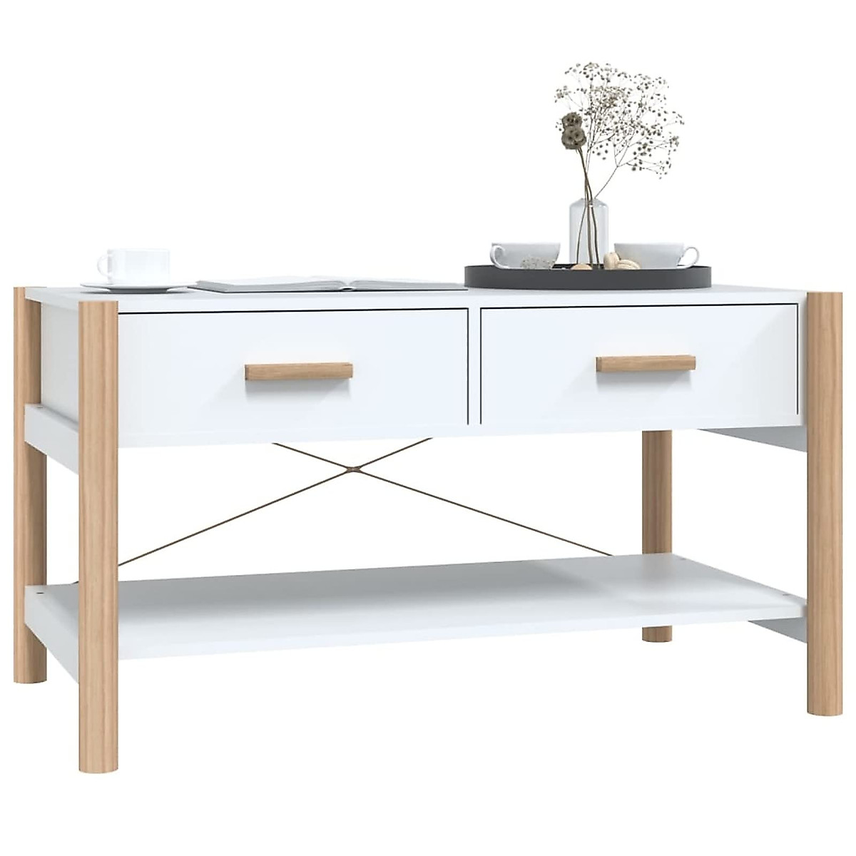 Tidyard Coffee Table with 2 Storage Drawers and Shelf, Engineered Wood Sofa Side Table, Wooden Couch End Table for Living Room 32.3 x 18.9 x 17.7 in White Small Space