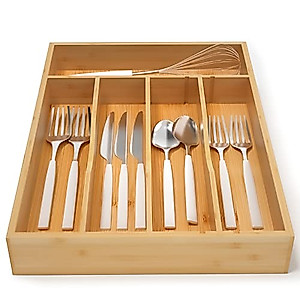 CALM COZY Kitchen Silverware Organizer, Bamboo Drawer Organizer with Adjustable Compartments Utensils Holder