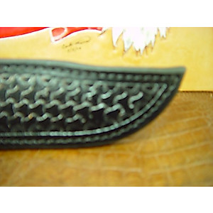Custom Right-hand Leather knife sheath for the Buck 119 dyed black. Made with Authentic Buffalo Hide Leather and has round basket-weave tooling with strap. Sheath ONLY!!!!