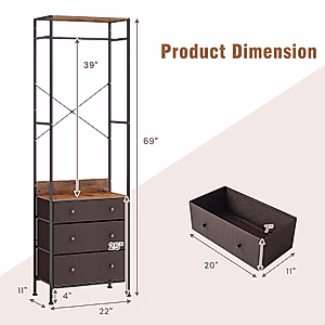 LOKO Clothes Rack with 3 Fabric Drawers, Freestanding Closet Organizer, Clothing Stand Dresser with 3-position Hanging Rod & Storage Shelves, Heavy-duty Garment Rack for Entryway, Bedroom, Cloakroom