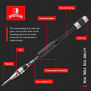 Heavy Duty Automatic Center Punch with Hardened Steel - Pack of 2 Premium Universal Metal Hand Tool for Machinists and Carpenters Spring Loaded with Adjustable Knurled Cap and Hard-Shell Carry Case