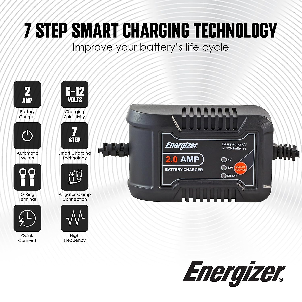 Energizer 2-Amp Battery Charger/Maintainer, 9-Step Smart Battery Car Charger, LCD Display, 6V/12V Voltage Detection for Auto, Motorcycle, RV, Boat,SUV