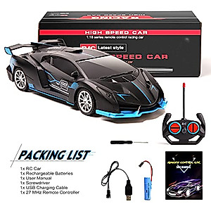 KULARIWORLD Remote Control Car for Boys Fast 1/18 Scale Rechargeable RC Vehicle Cars Toys Xmas Gifts for Kids High Speed with Headlights (Black Blue)