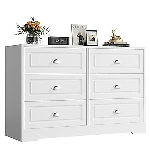 Shintenchi Dresser for Bedroom with 6 Drawers, White Double Dresser & Chest of Drawers Wooden Organizer with Metal Handle, Storage TV Stand for Living Room