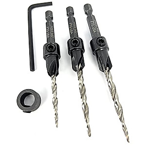 FTG USA Wood Countersink Drill Bit Set 3 Pc Countersink Drill Bit #6#8#10 Tapered Drill Bits with Improved Countersink Connection Drill Bit to Hex Shank Without Pin, 1 Stop Collar, 1 Allen Wrench