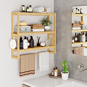 Bathroom Shelf Storage Organizer,5.9''D*23.6''W*21.2''H,Floating Wall Mount 3-Tier Adjustable Layer Bamboo Kitchen Organizer with Bar, Standing Shelf Units, Towel Rack Hanging Rod for Bathroom(Beige)