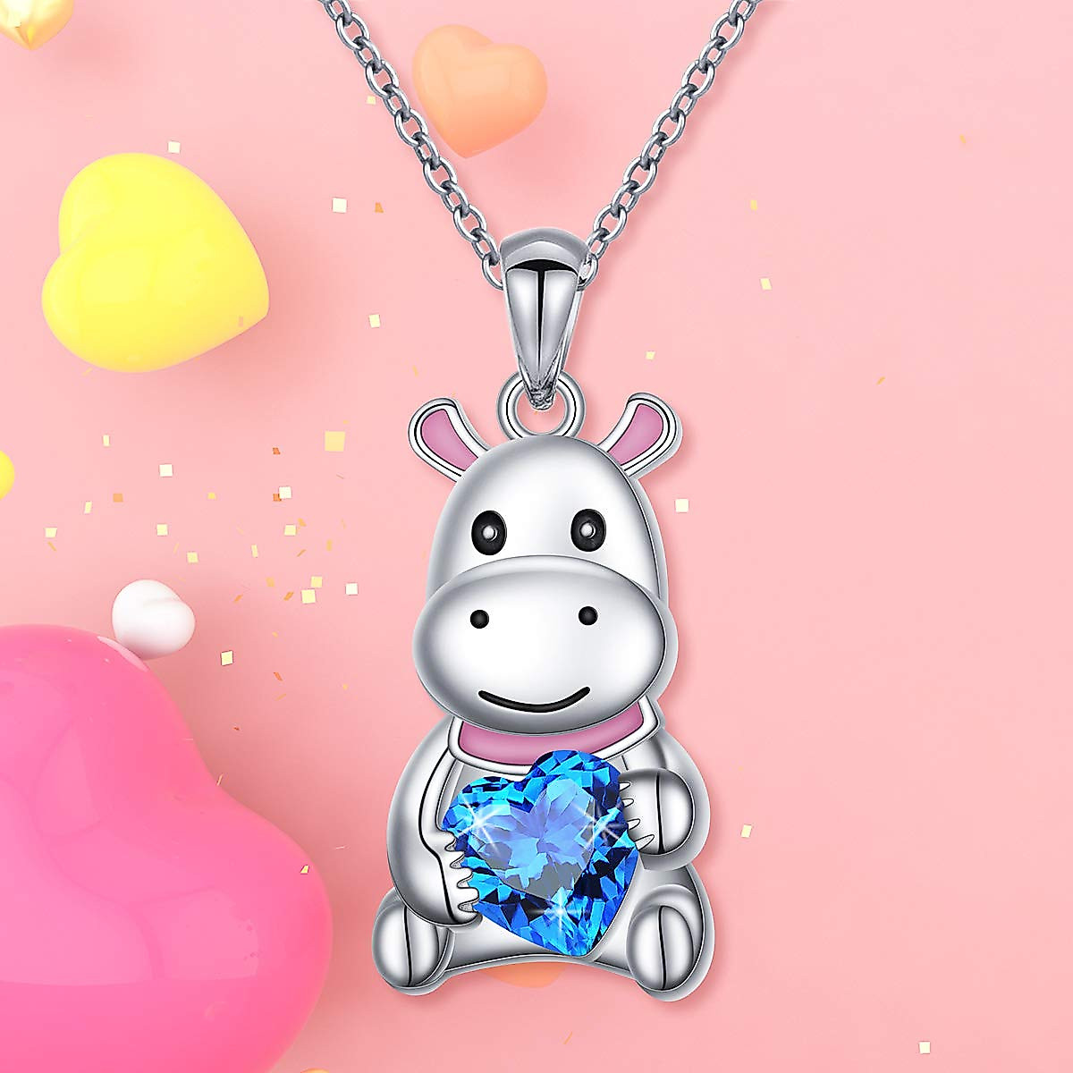 Ladytree S925 Sterling Silver Cute Animal Hippo Hippopotamus Blue Cubic Zirconia Love Heart Pendant Necklace Gifts for Women Teenager
