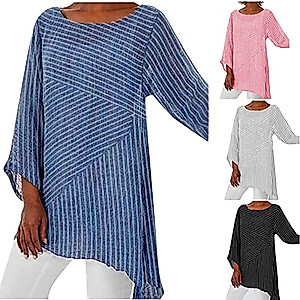 wodceeke Women's Three-quarter Sleeve Linen T-shirt Round Neck Plain Stripe Shirt Tee Casual Loose Irregular Hem Tops (Pink, S)