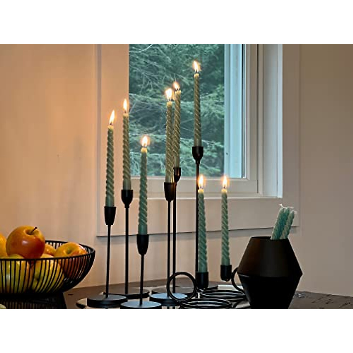 12 Piece Sea Green Twist Taper Candles, 2 Boxed Sets of 6, 4 Hours Burn Time, Paraffin Wax, 7.75 Inches