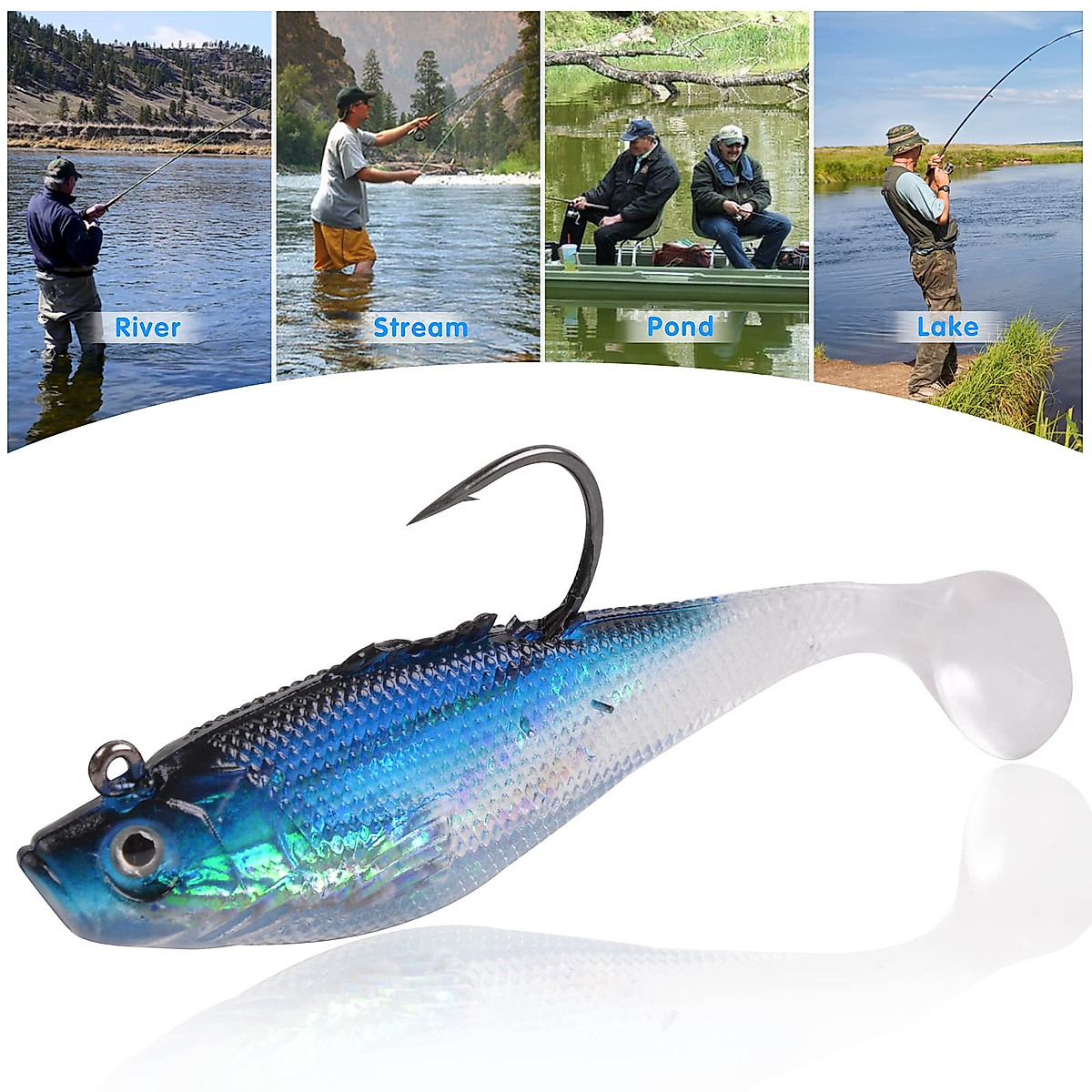 Pre-Rigged Jig Head Soft Fishing Lures, Paddle Tail Swimbaits for Bass Fishing Shad Freshwater Saltwater Fishing Trout Pike Walleye Crappie