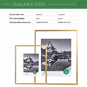 FrameWorks 11”x14” Deluxe Brass Gold Aluminum Contemporary Style Floating Picture Frame with Tempered Glass