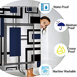 Izayoi 4 Pcs Geometric Shower Curtain Sets Non-Slip Rugs Bath Mat, Toilet Cover, U-Shaped Mat, Abstract Modern Shower Curtain with 12 Hooks, Blue Bathroom Set