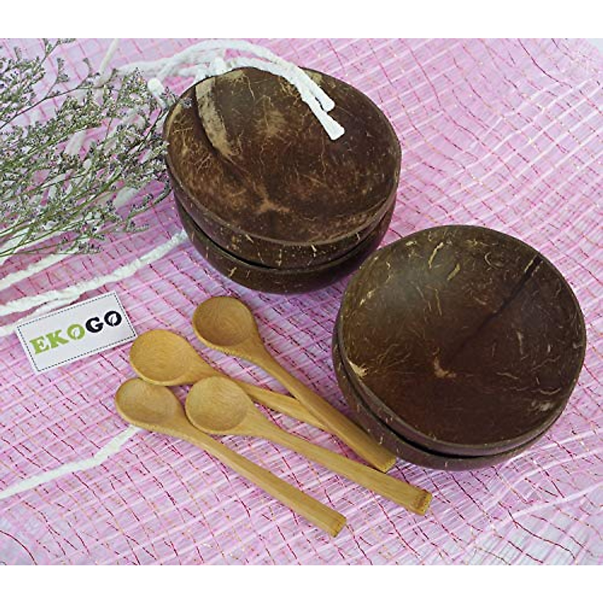 BeeGreeny Premium Coconut Bowls with Spoons (Set of 4) | Polished With Coconut Oil | Handmade, Vegan, Natural, Eco Friendly, Reusable Bowl for Breakfast, Serving, Decoration, Party